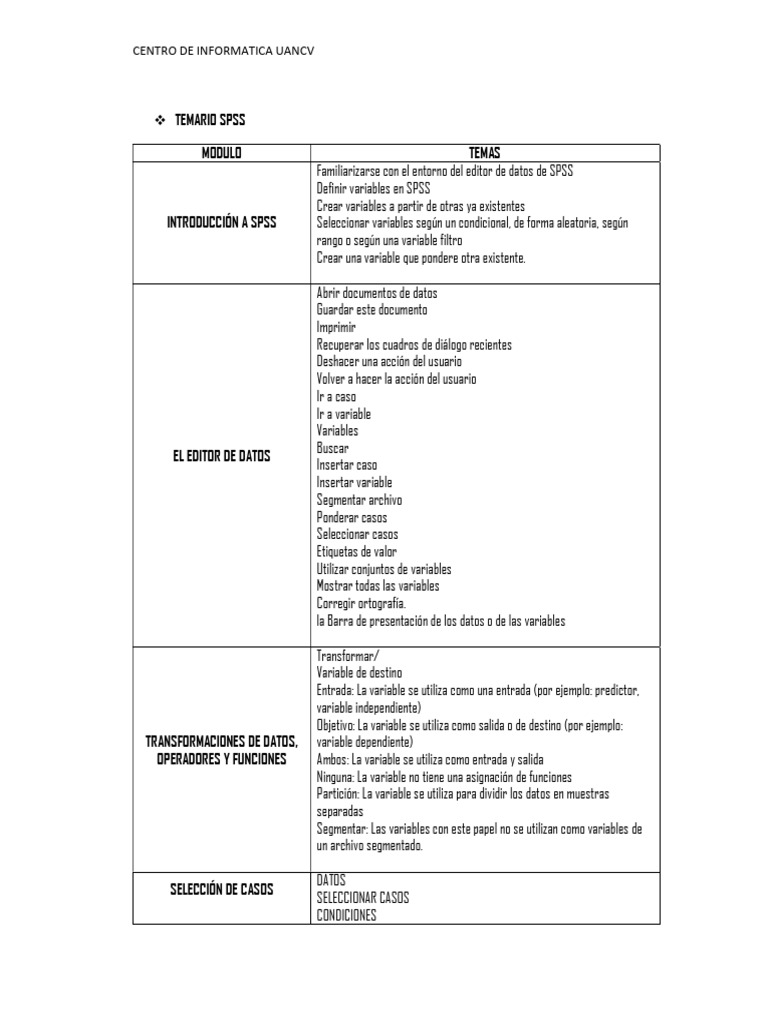 Temario SPSS - Centro de Informatica Uancv | PDF | Spss | Archivo de ...