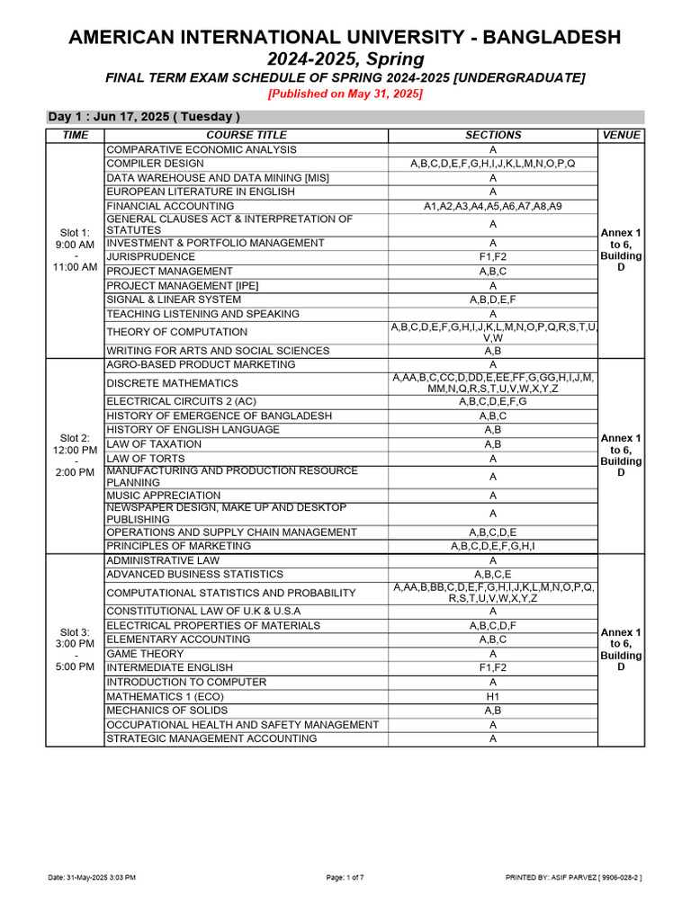 Revised Final Term Exam Schedule of Spring 2024 2025 (Undergraduate) (May 31) | PDF | Engineering