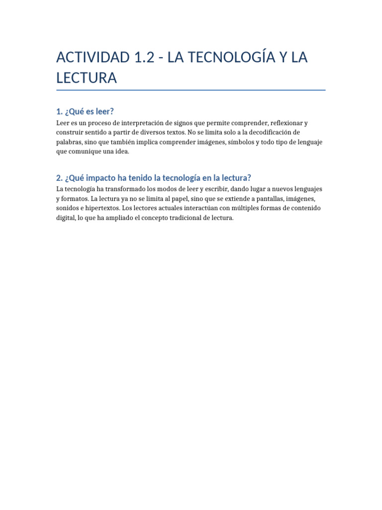 Actividad 1.2 La Tecnologia y La Lectura | PDF