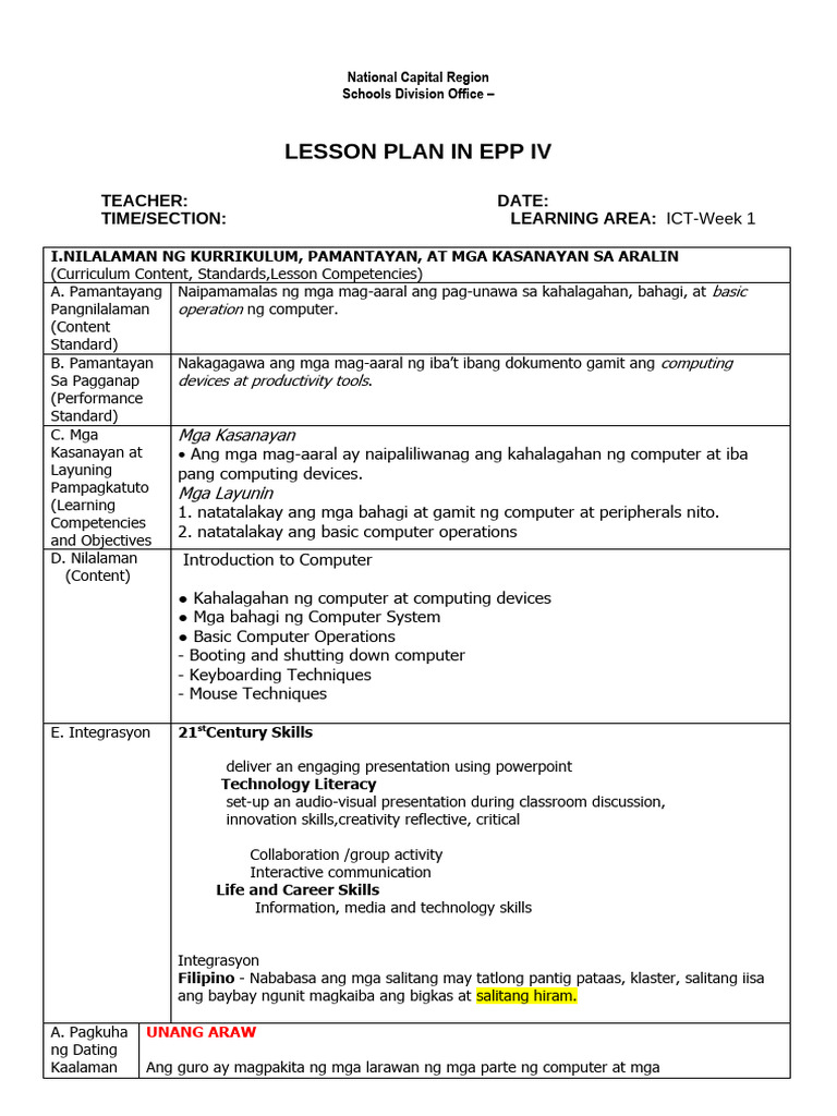 Epp4 - Quarter 1-Week 1-DLL | PDF