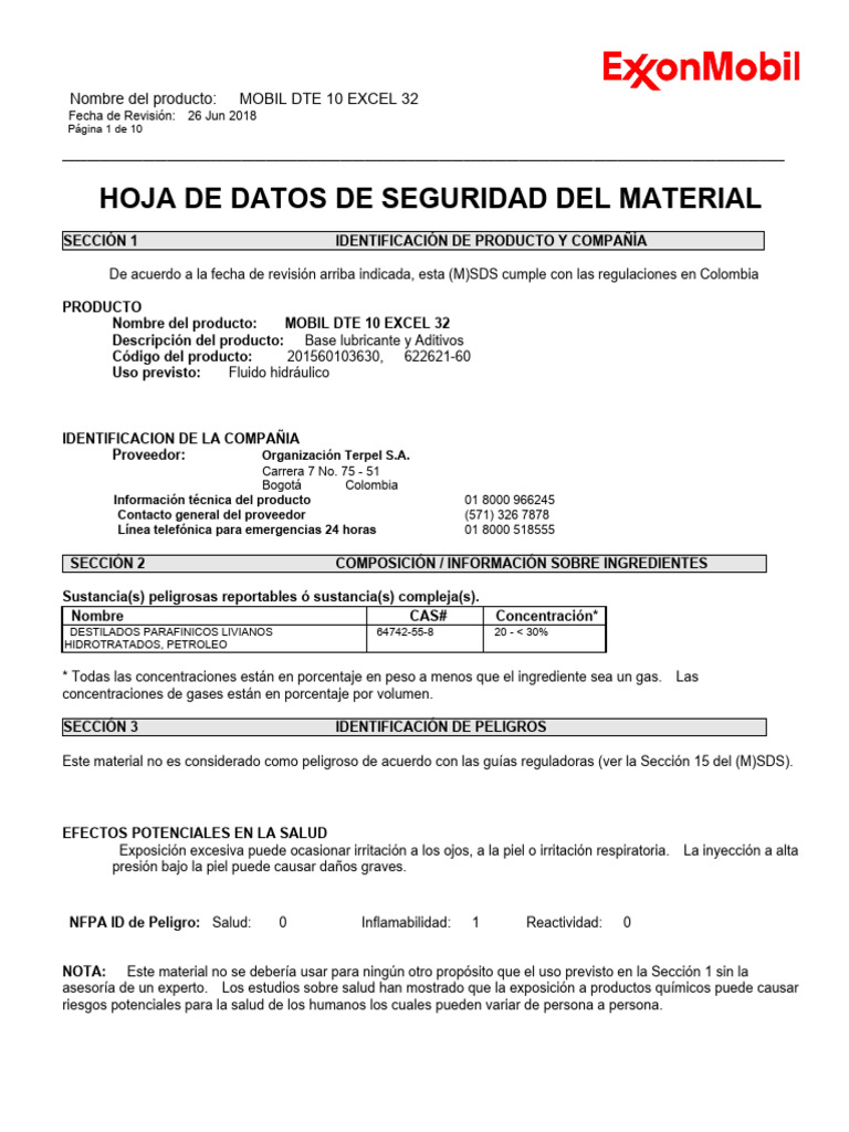 Msds - Mobil Dte 10 Excel 32 | PDF | Higiene | Guante