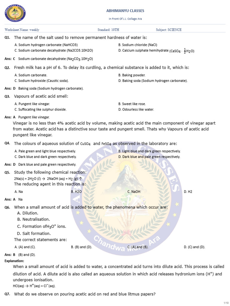 Weekly 10TH SCIENCE Answersheet | PDF | Acid | Sodium Carbonate