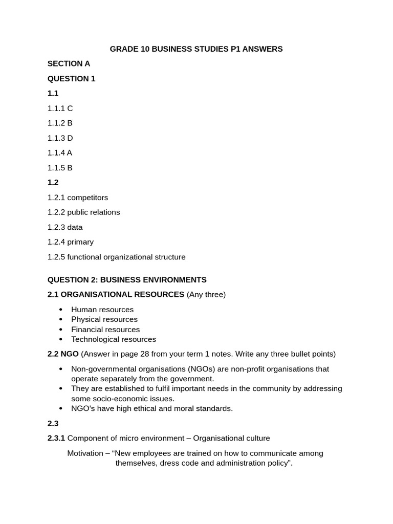 Grade 10 Business Studies Answers | PDF | Non Governmental Organization ...