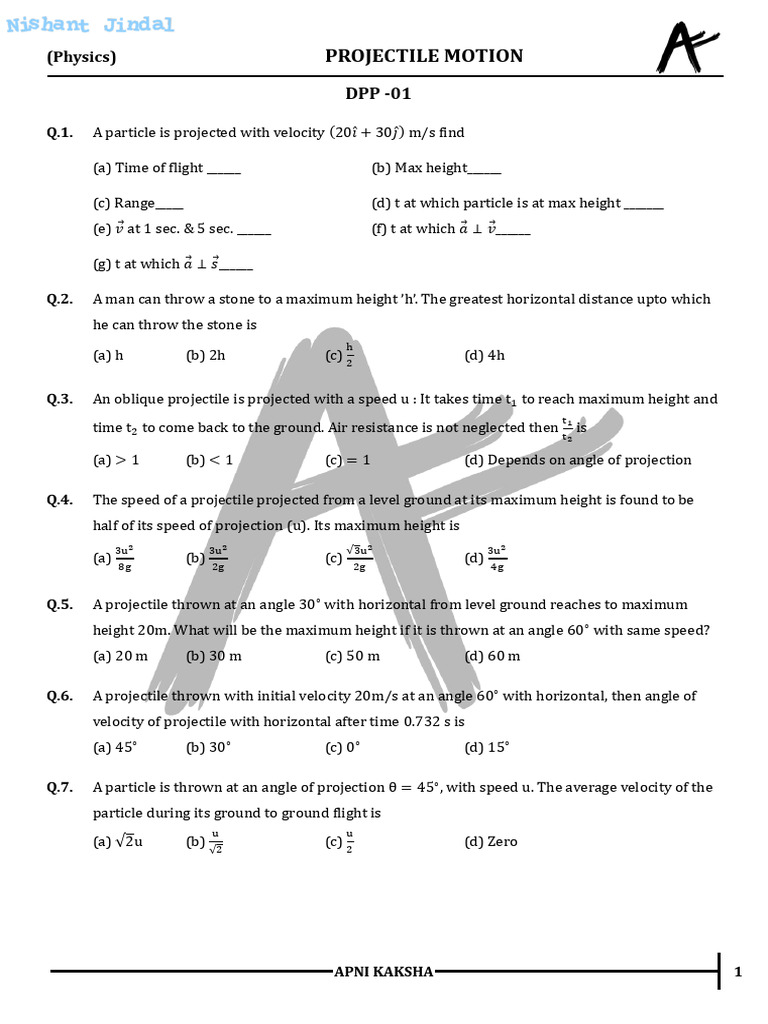 DPP - 01 Projectile Motion NJ247 | PDF | Projectiles | Dynamics (Mechanics)