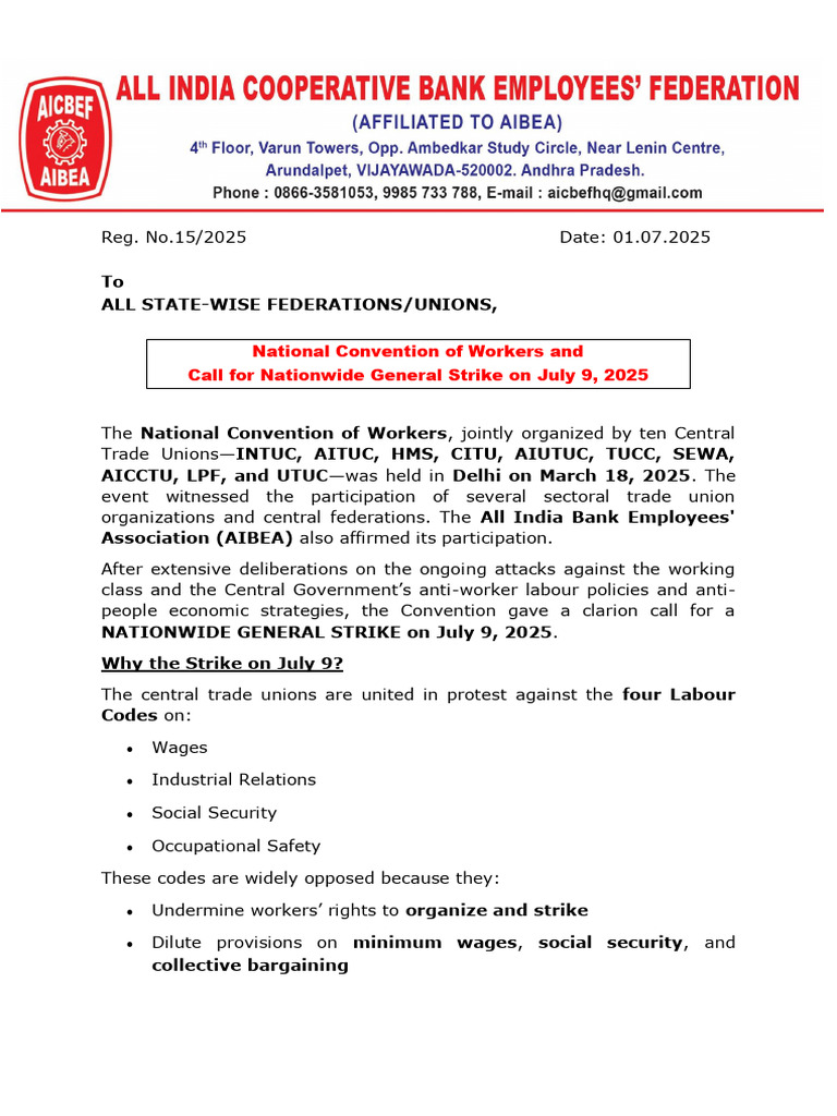 AICBEF-WHY STRIKE ON 9th JULY | PDF | Strike Action | Trade Union