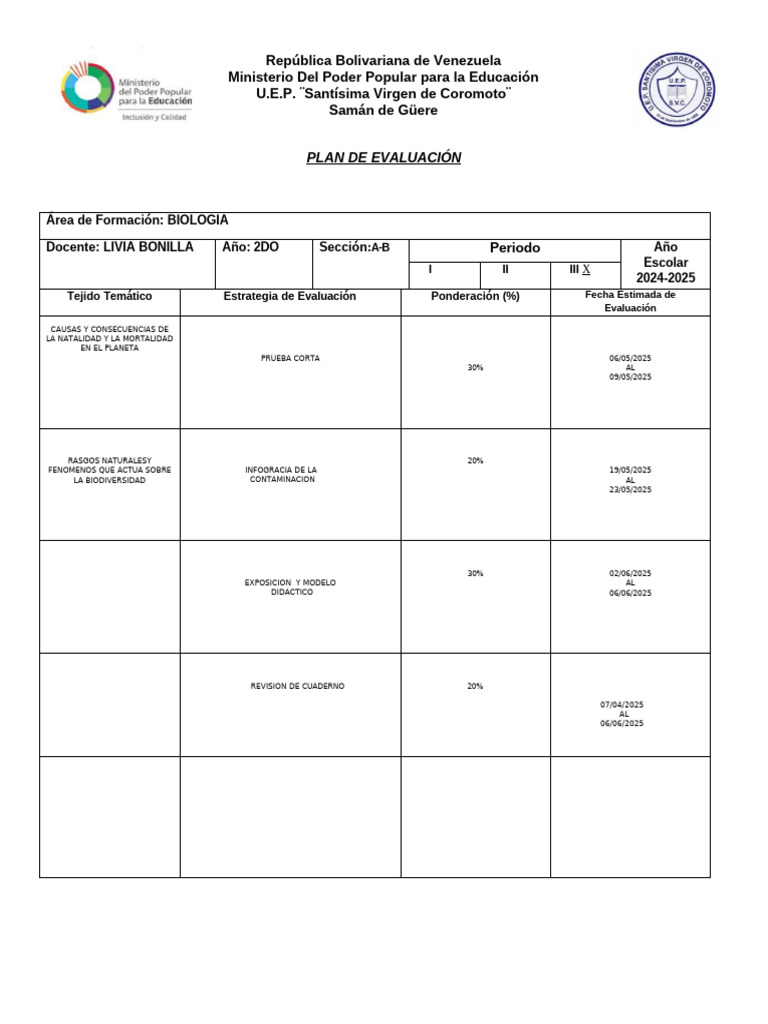 Plan de Evalucion 3er Lapso 2do A-B | PDF