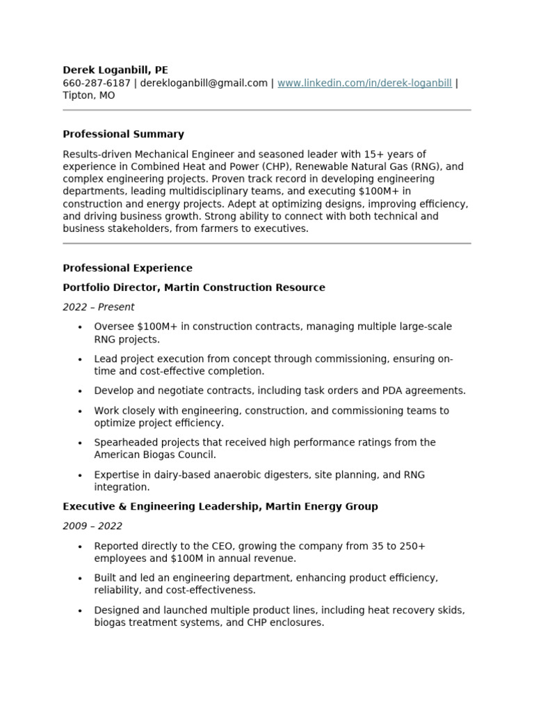 Derek Loganbill Resume 2025 | PDF | Cogeneration | Biogas