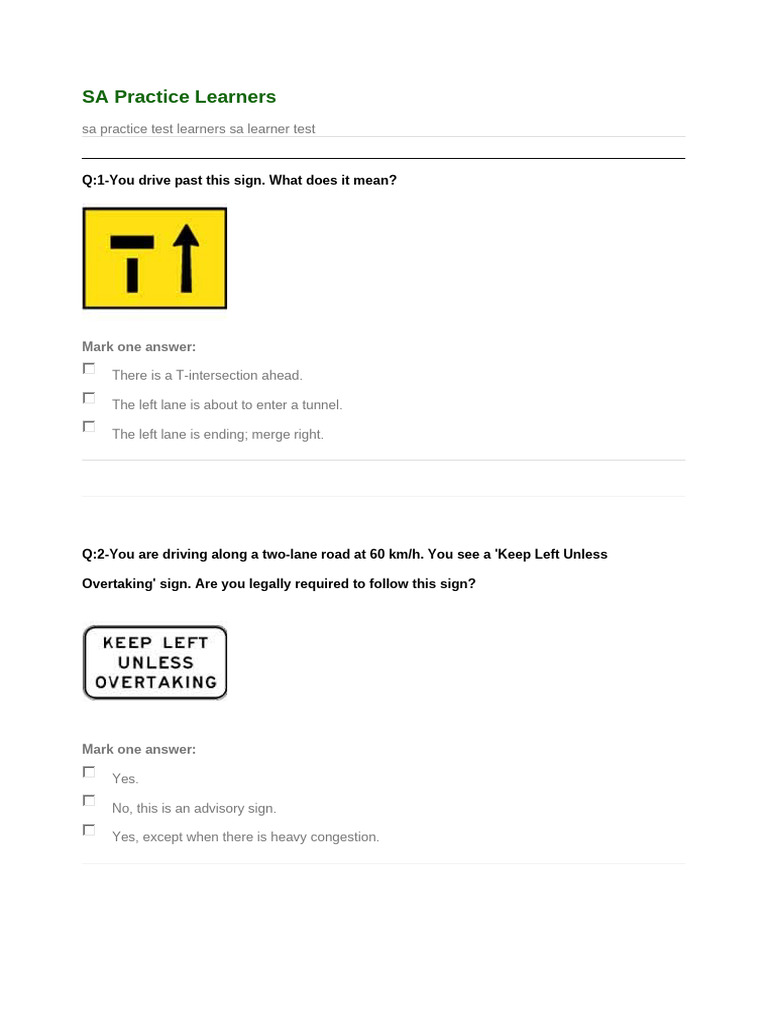 SA Learner Driver Test Practice Questions | PDF | Traffic | Traffic Light