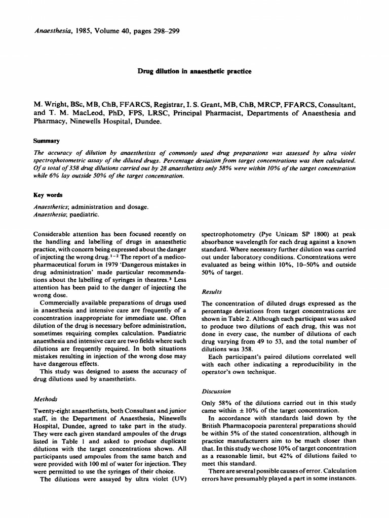 Anaesthesia - March 1985 - Wright - Drug Dilution in Anaesthetic ...