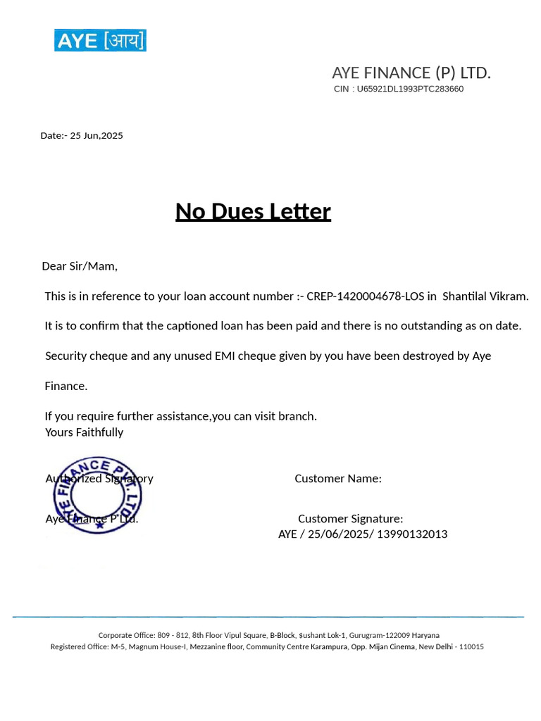 AYE Finance Loan No Dues Confirmation | PDF