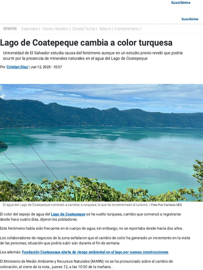 Lago de Coatepeque Cambia A Color Turquesa - Noticias de El Salv | PDF ...