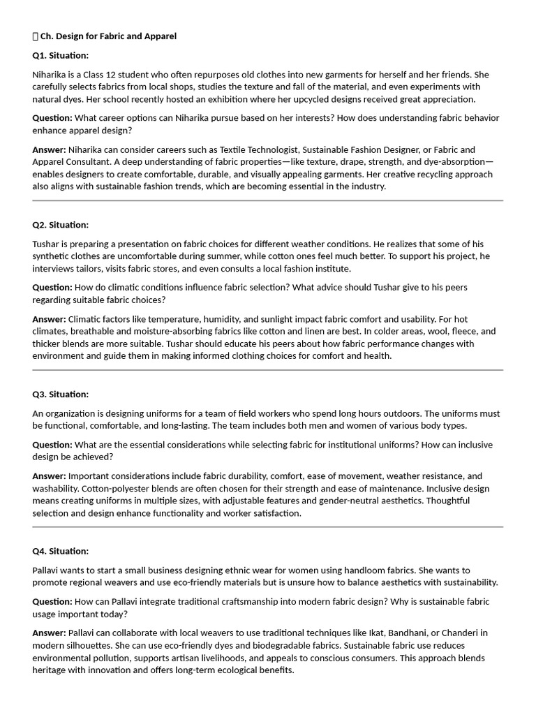 12th H.S. Situation Based Questions | PDF | Textiles | Hygiene