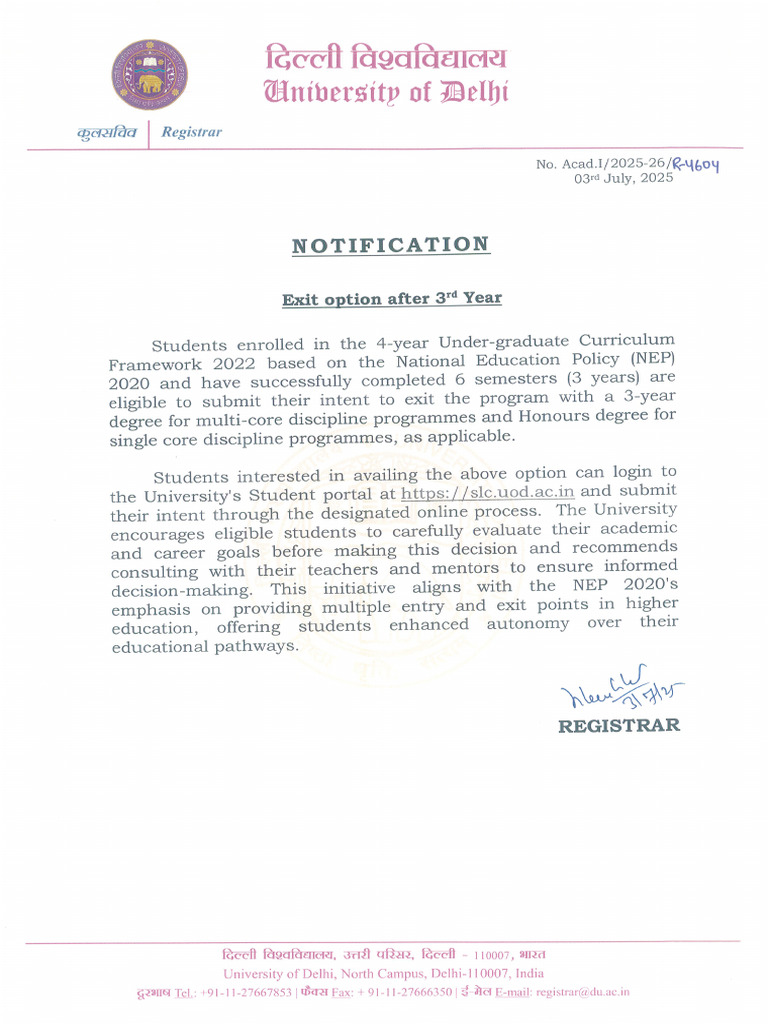 Notification - Exit Option After 3rd Year - DU | PDF