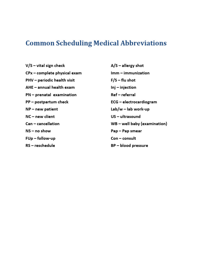Common Medical Scheduling Abbreviations | PDF