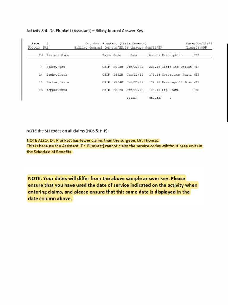 Activity 8-4 DR Plunkett Assistant Billing Journal Answer Key | PDF