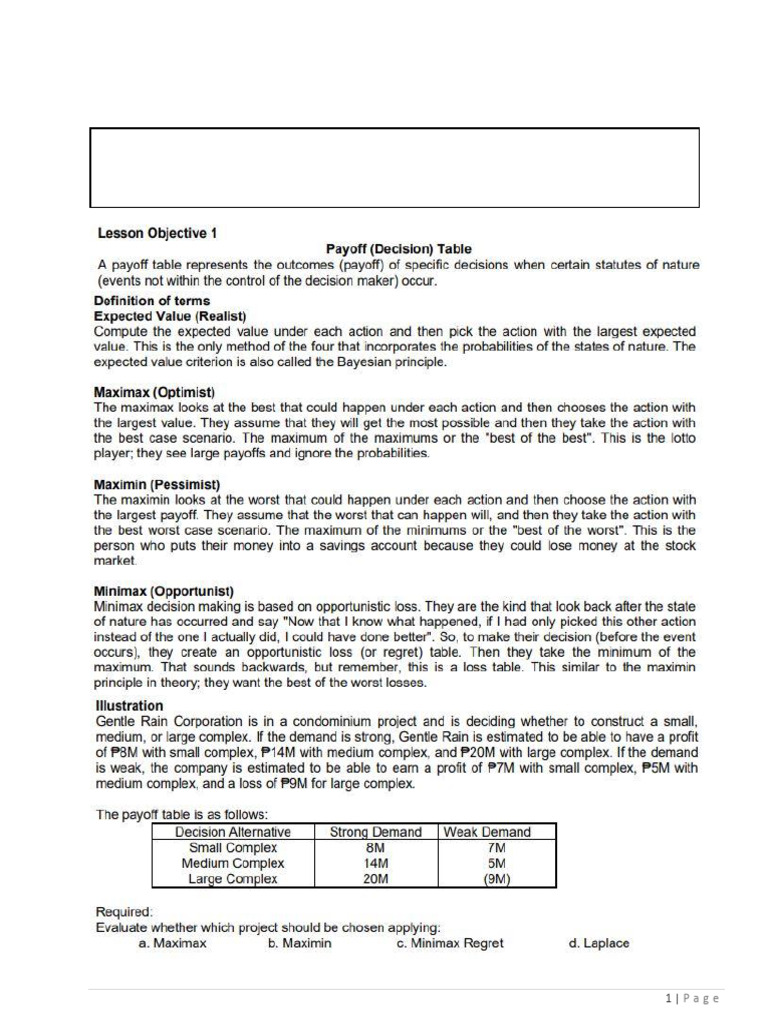 Payoff Table and Decision Tree Guide | PDF