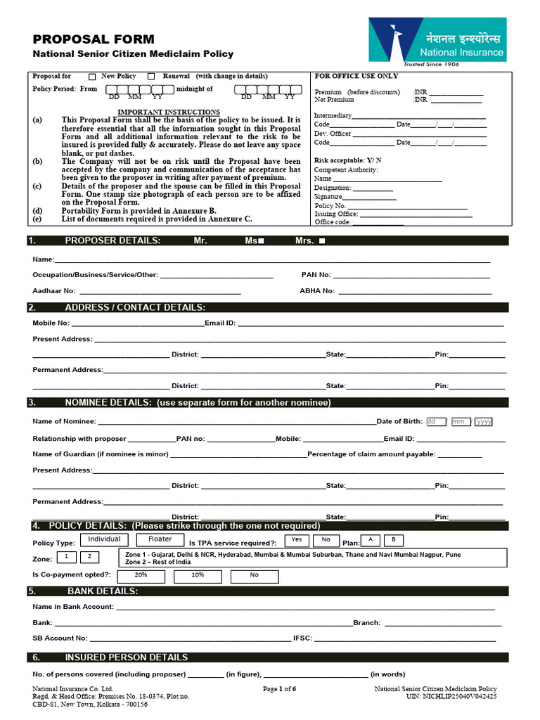 Senior Citizen Policy - Proposal Form | PDF | Insurance | Identity Document