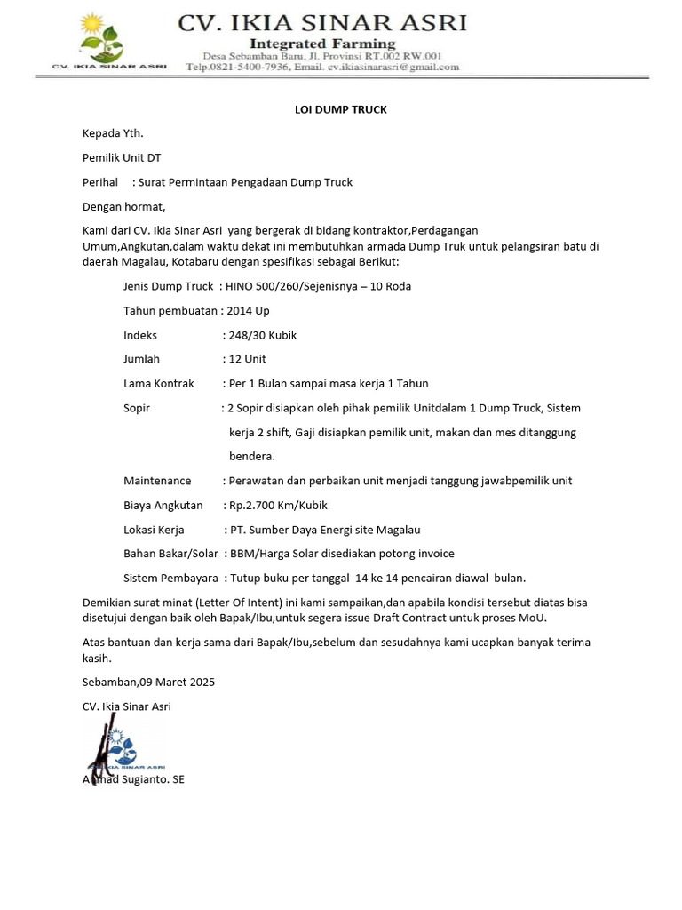 Penawaran Loi Dump Truck Cv. Isa | PDF
