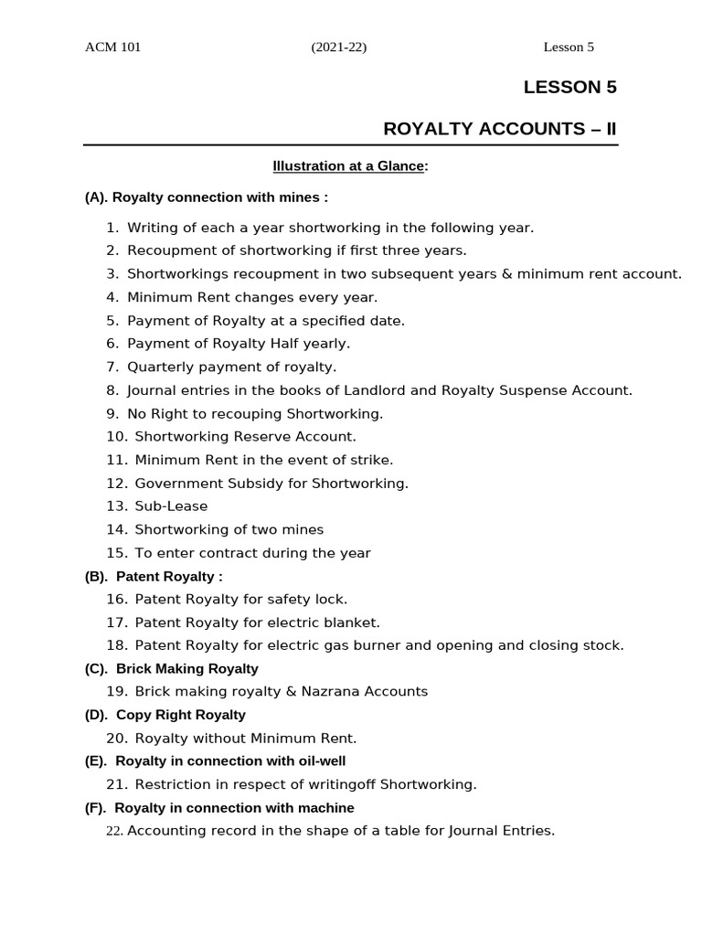 Lesson 5 Royalty Accounts - II | PDF | Royalty Payment | Lease