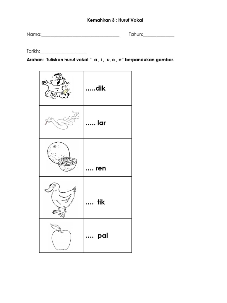 Lembaran Kerja Kemahiran Huruf Vokal | PDF