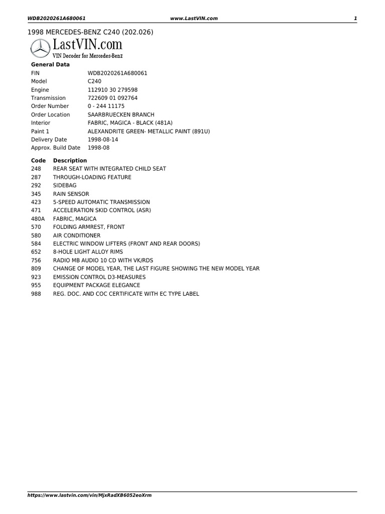 1998 Mercedes-Benz C240 Specifications | PDF