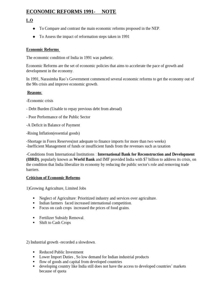Economic Reforms 1991 Note | PDF | Tariff | Taxes