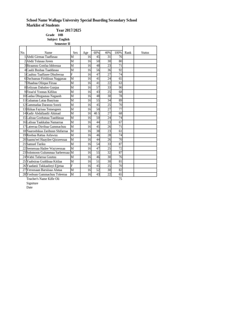 English Grade 10B Mark Transfer Format | PDF