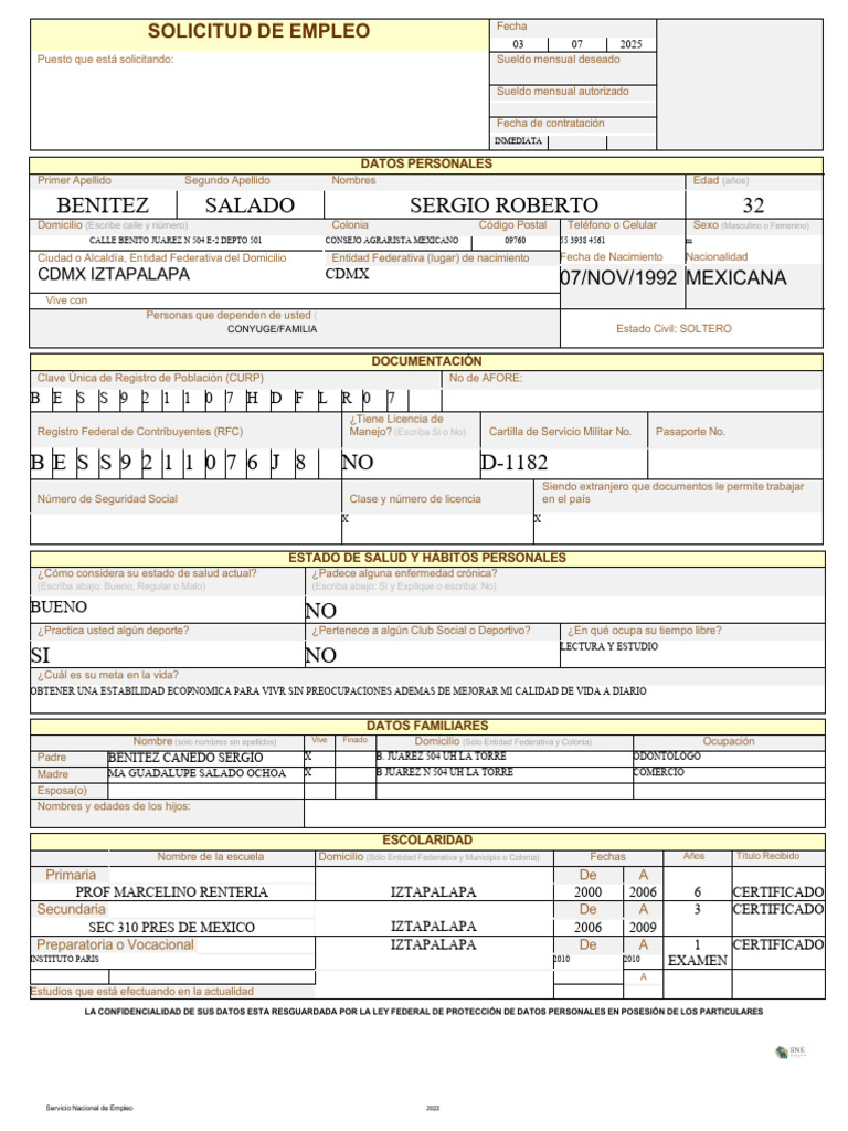 Sne Solicitud de Empleo Plantilla PDF | PDF