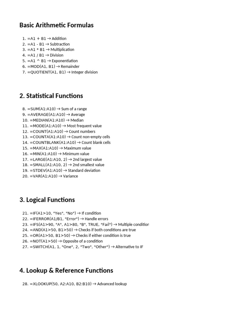 Essential Excel Functions Guide | PDF | Mathematics | Arithmetic