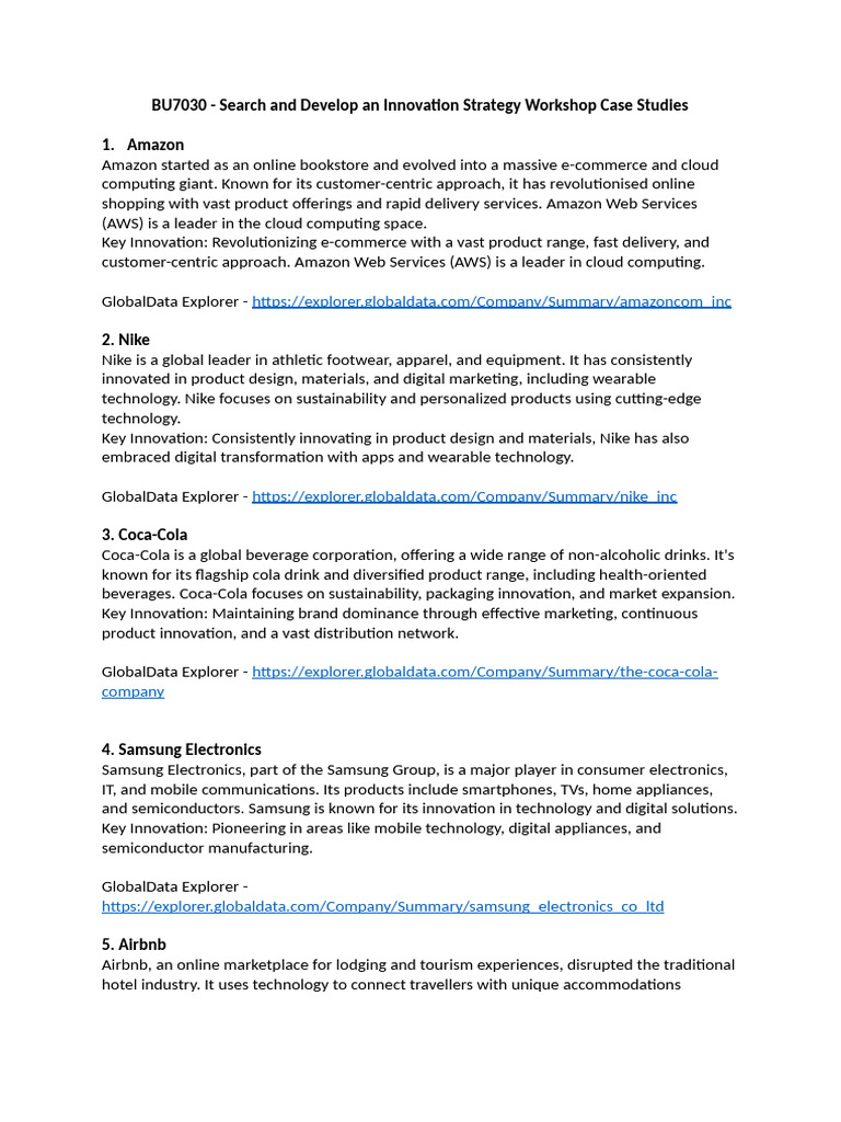 BU7030 - Search and Develop An Innovation Strategy Workshop Case Studies | PDF | Innovation | E ...
