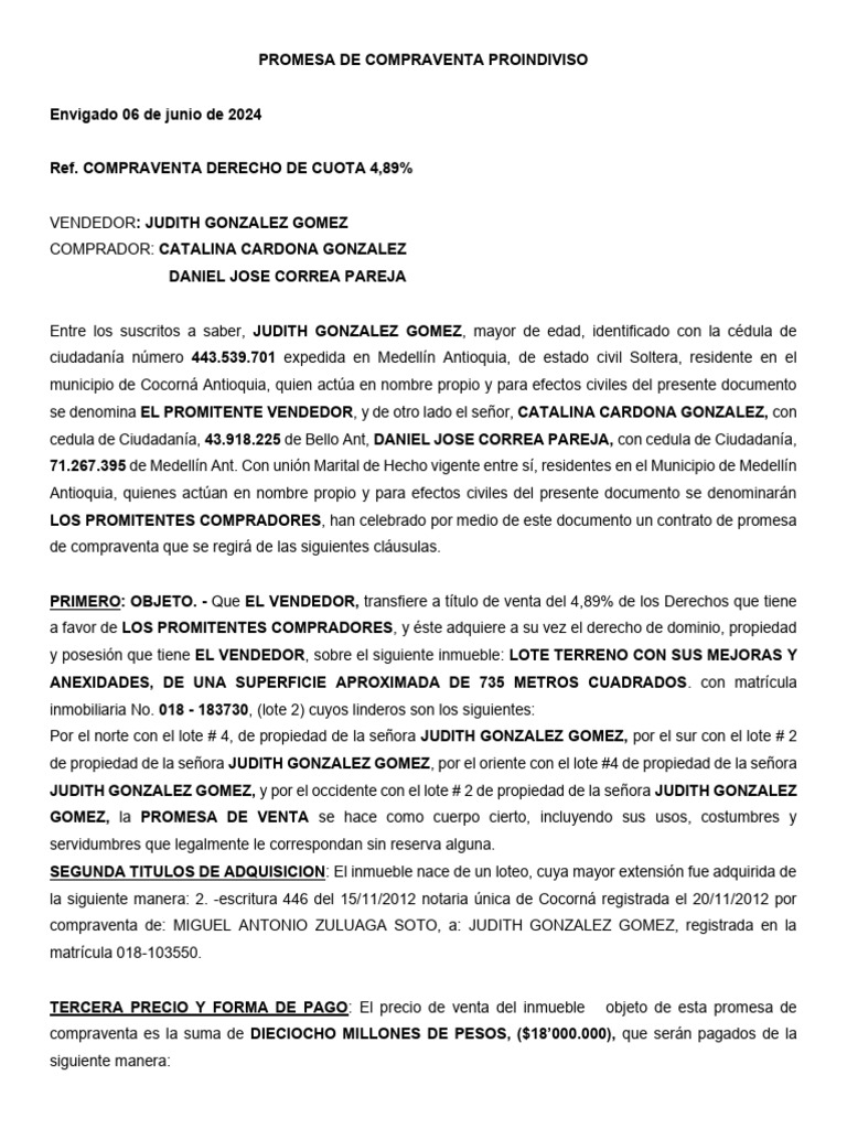 Promesa de Compraventa Judith | PDF | Consentimiento | Derecho contractual