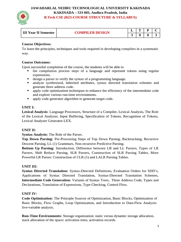 TBK - Compiler Design Syllabus (Final) | PDF | Parsing | Grammar