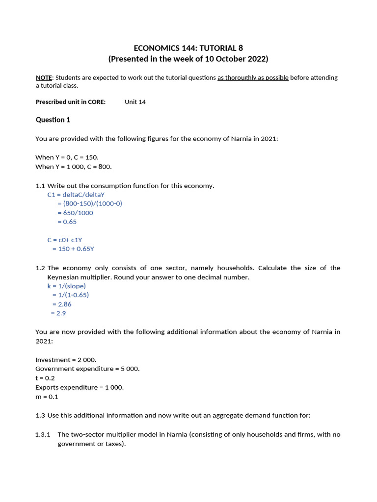 Economics 144 Tutorial 8 | PDF | Multiplier (Economics) | Economies