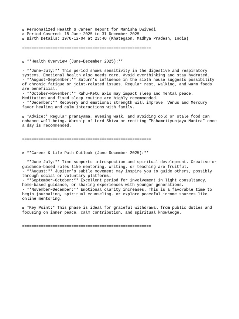 Manisha Health Career Report June Dec 2025 | PDF