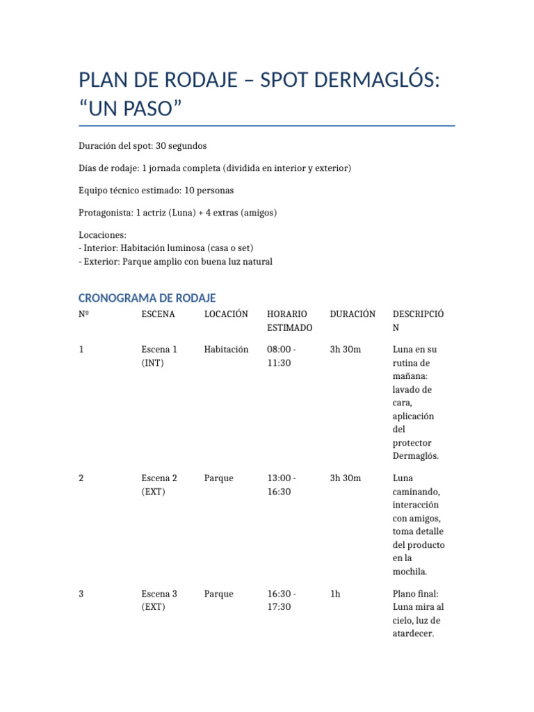 Plan de Rodaje Dermaglos | PDF | Radiación electromagnética | Ligero