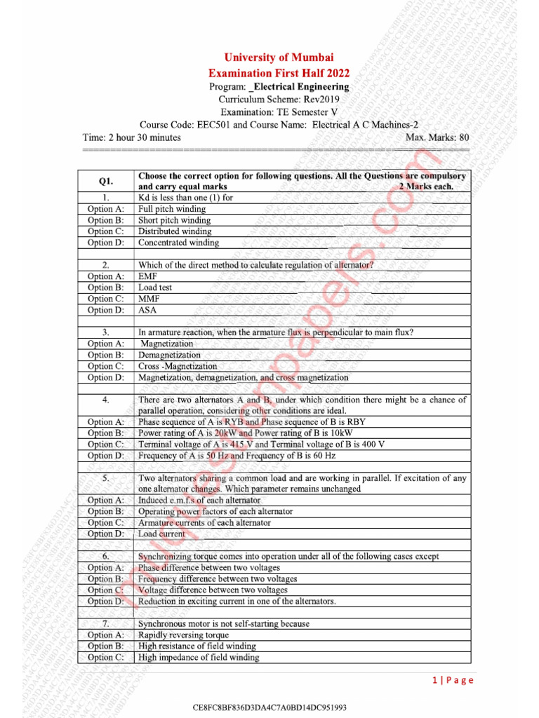 Be Electrical Engineering Semester 5 2022 May Electrical Ac Machines II Rev 2019 C Scheme | PDF