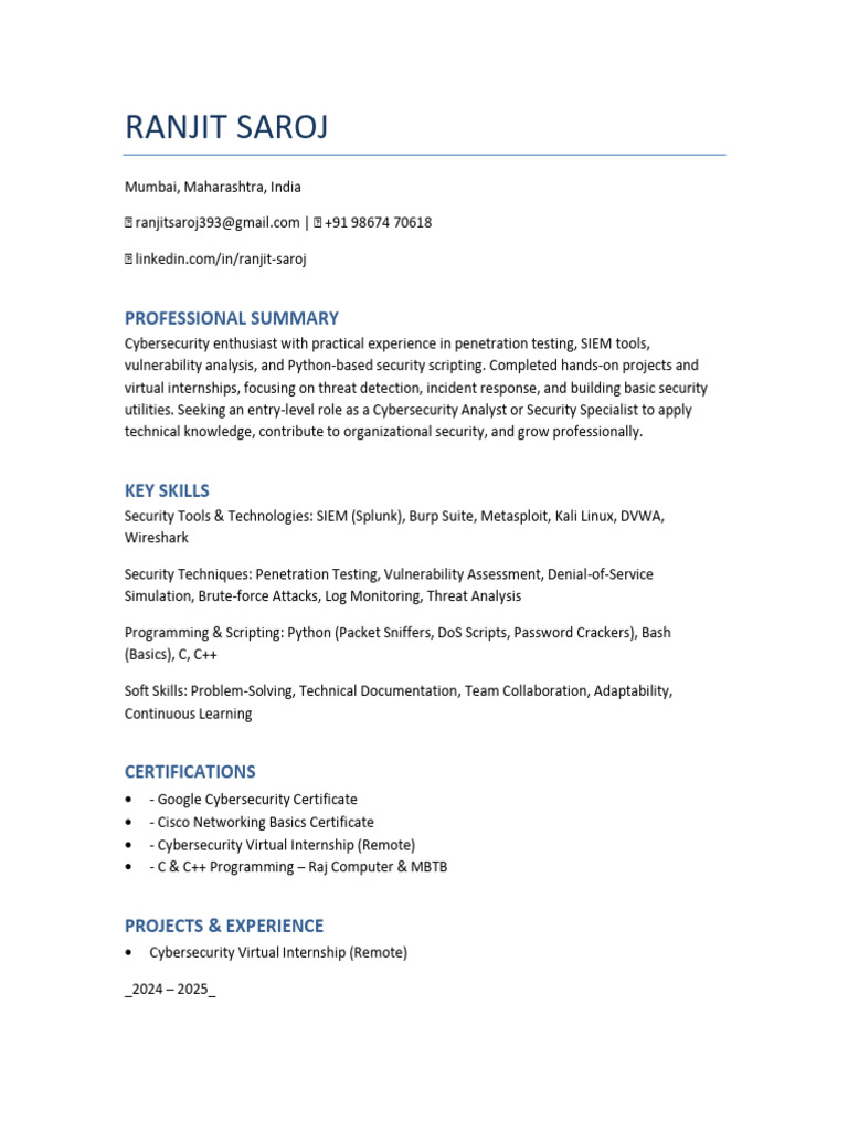 Ranjit Saroj Cybersecurity Resume Final | PDF | Security | Computer Security
