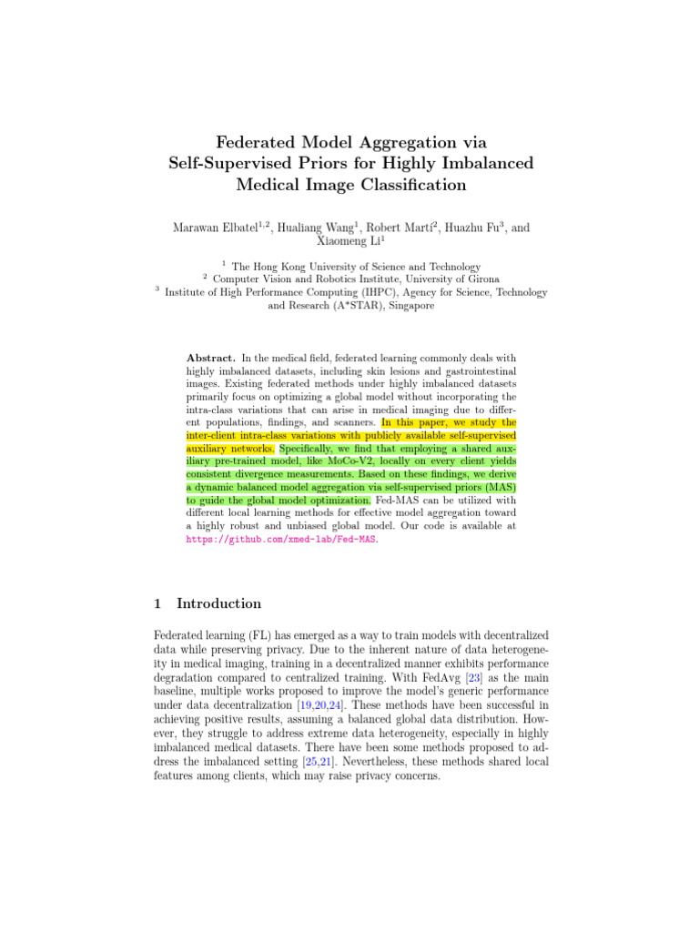 Federated Model Aggregation Via Self Supervised Priors For Highly Imbalanced Medical Image ...