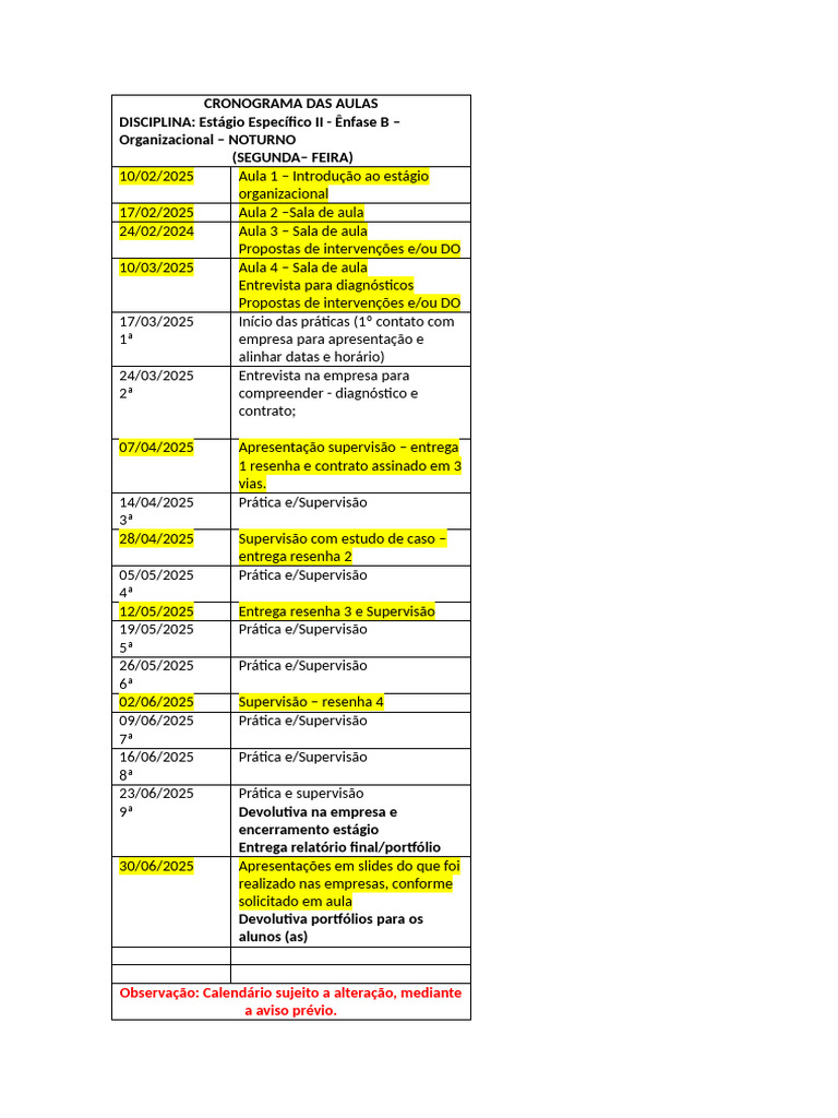 CRONOGRAMA Segunda Noturno | PDF