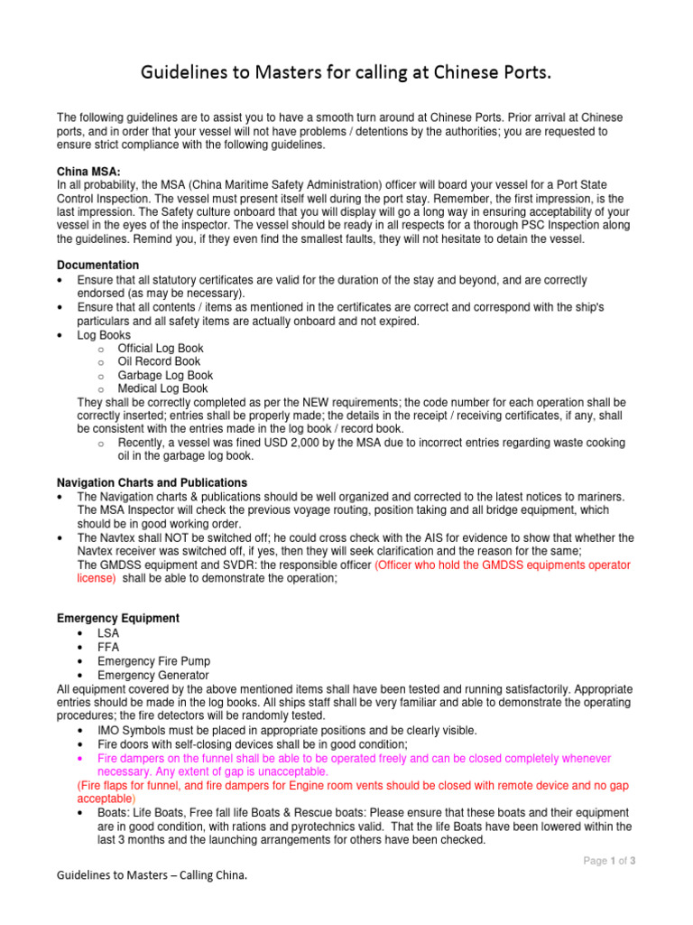 Guidelines To Masters For Calling at Chinese Ports | PDF