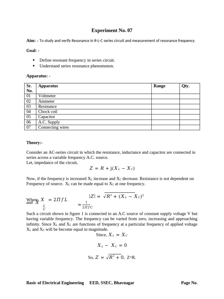 To Study Resonance in RLC Series Circuit | PDF | Resonance | Electrical ...