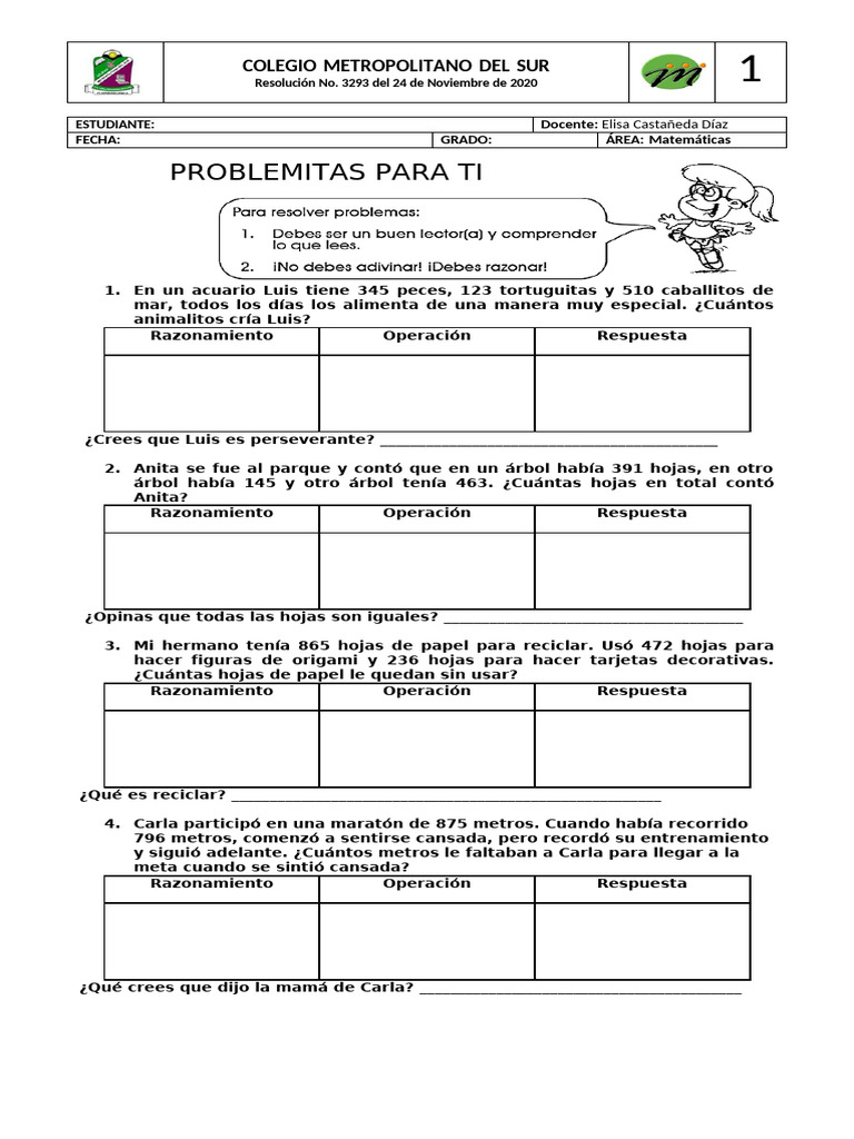Guía 8 Matemáticas 2° - Refuerzo Problemas de Sumas y Restas | PDF
