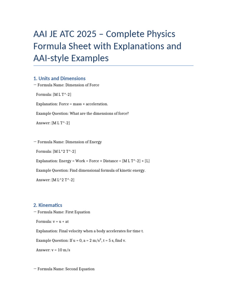 AAI JE ATC Physics Formula Sheet Complete | PDF