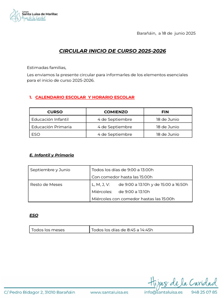 Circular Inicio Curso 2025-2026 | PDF