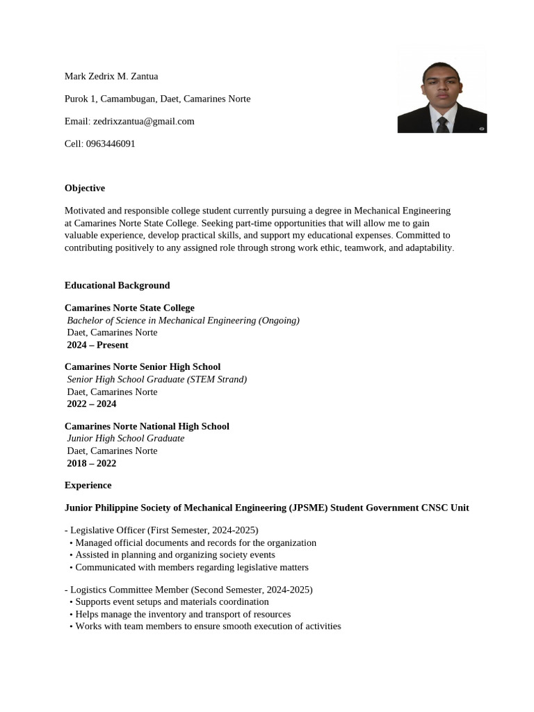 Mark Zedrix Zantua Resume | PDF