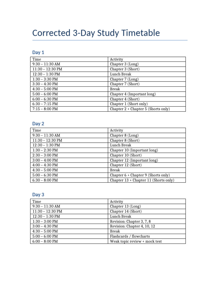 Corrected 3-Day Study Timetable | PDF