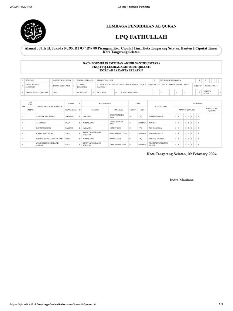 Contoh Cetak Formulir Peserta | PDF