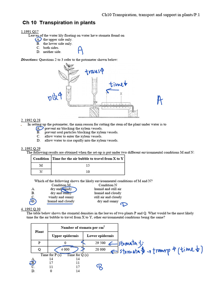 Ch10 Transpiration in Plants - MC | PDF | Stoma | Leaf