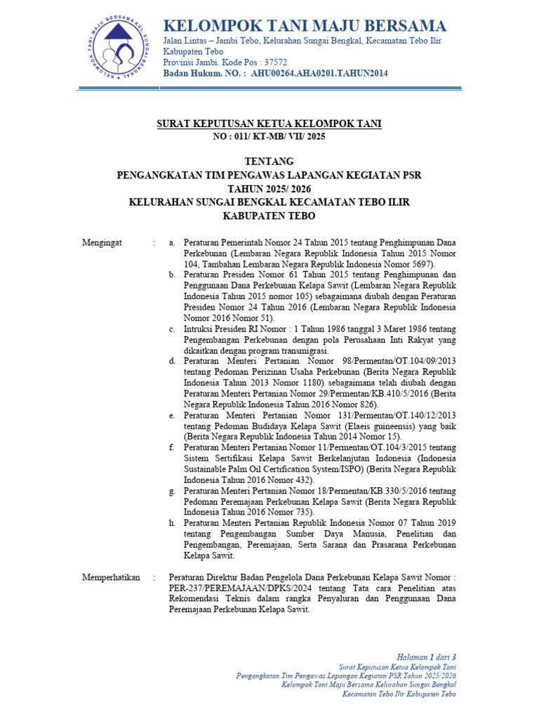 Surat Pengangkatan Tim Pengawas Lapangan Kegiatan PSR Tahan II Koptan ...
