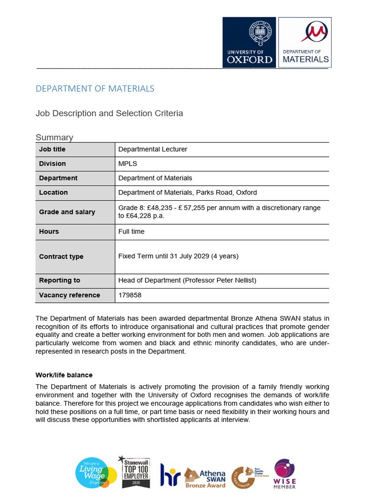 Department of Materials: Job Description and Selection Criteria | PDF ...